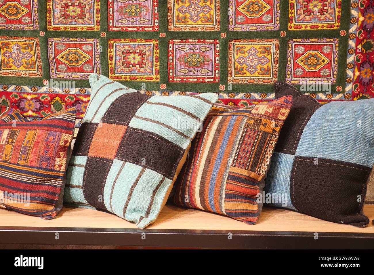 Colourful cushions on display for sale in a traditional Turkish Bazaar ...