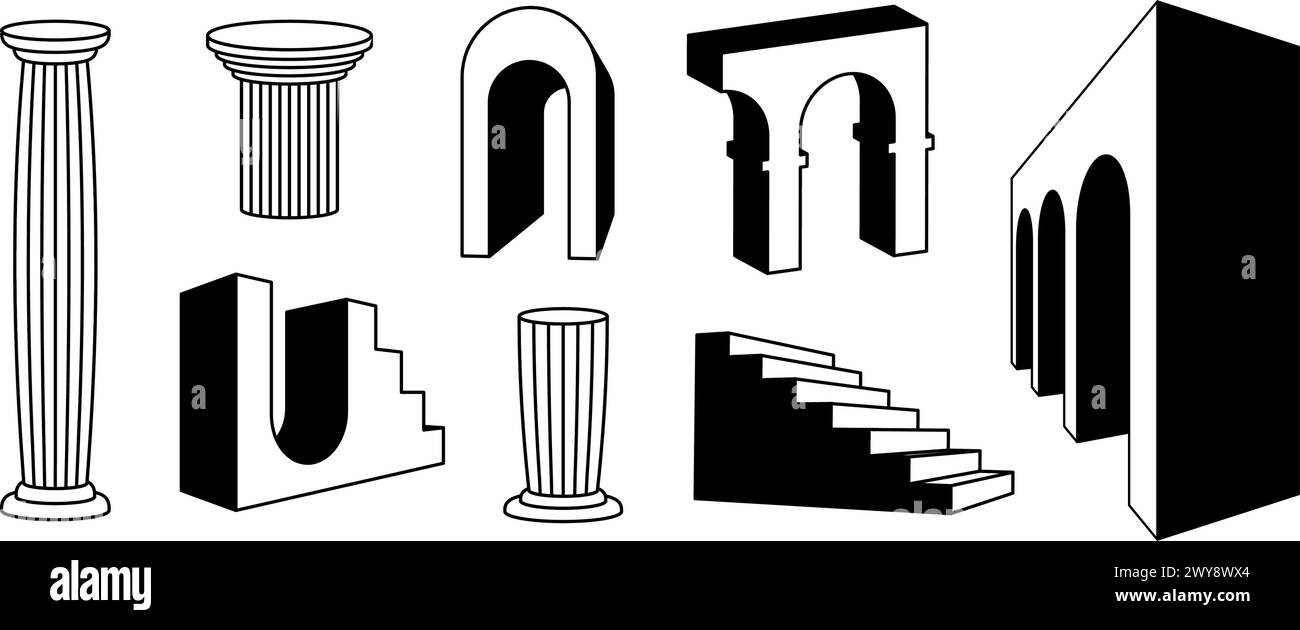Outline arches, columns and stair collection. Surreal greek ruin ...