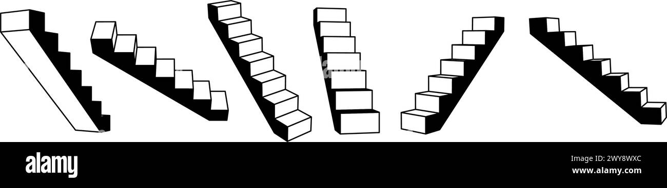 Outline stairway set. 3d narrow staircase in different perspective ...