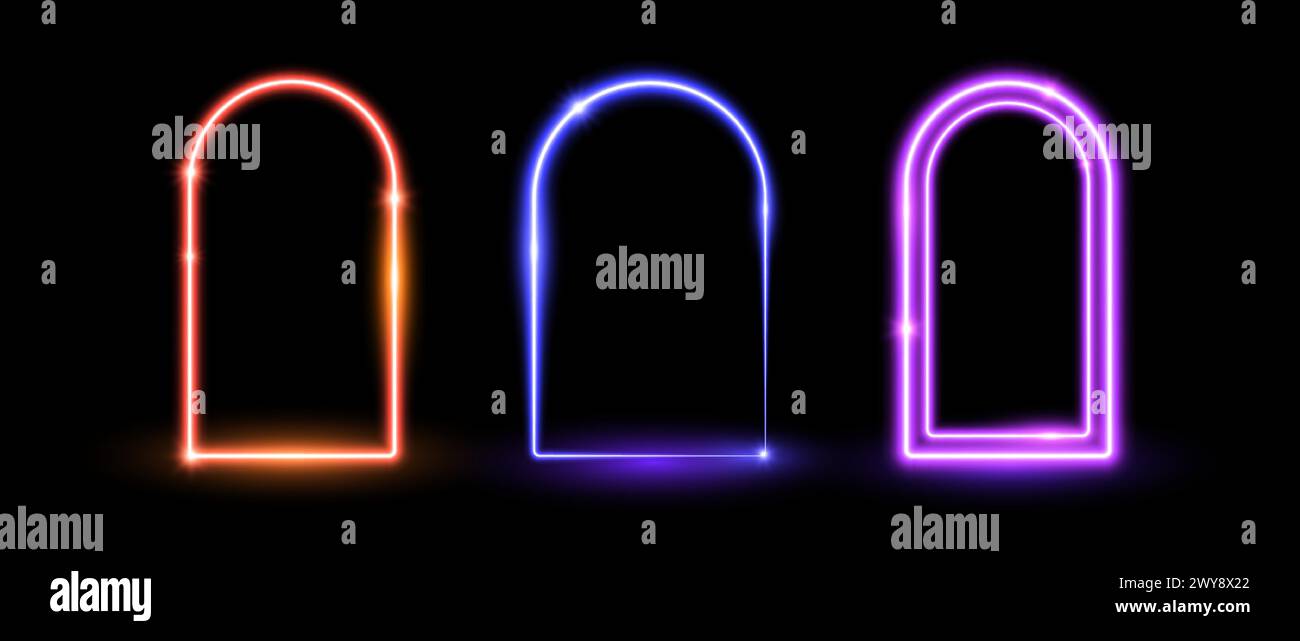 Glowing neon arch frame set. Purple, orange, blue, shining borders ...