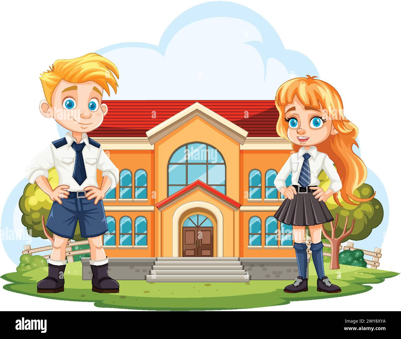 Two cartoon kids standing in front of their school Stock Vector Image ...