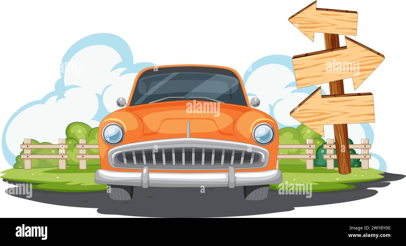 Classic orange car facing wooden directional signs Stock Vector Image ...