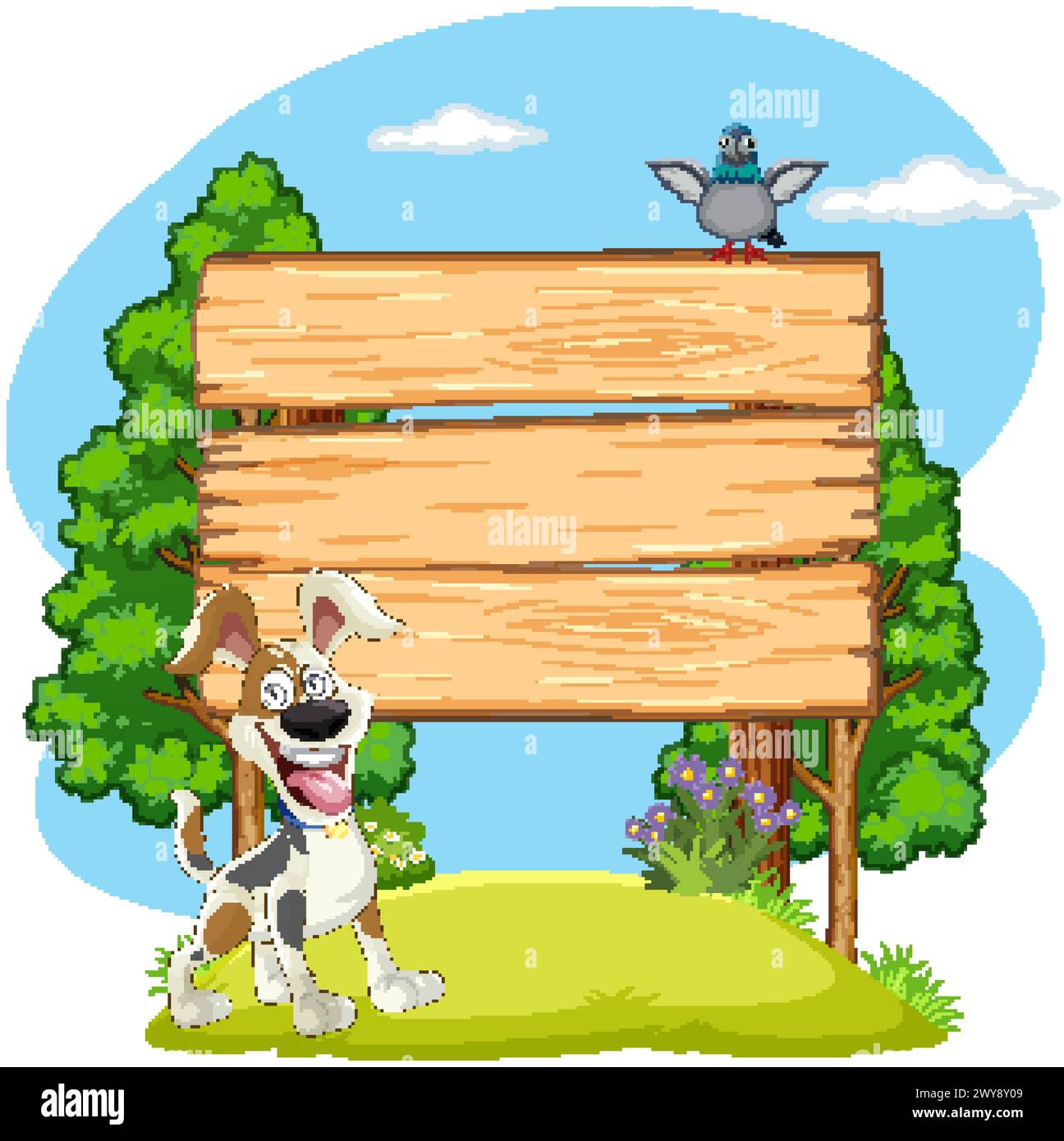 Cartoon dog and bird beside an empty wooden sign Stock Vector Image ...