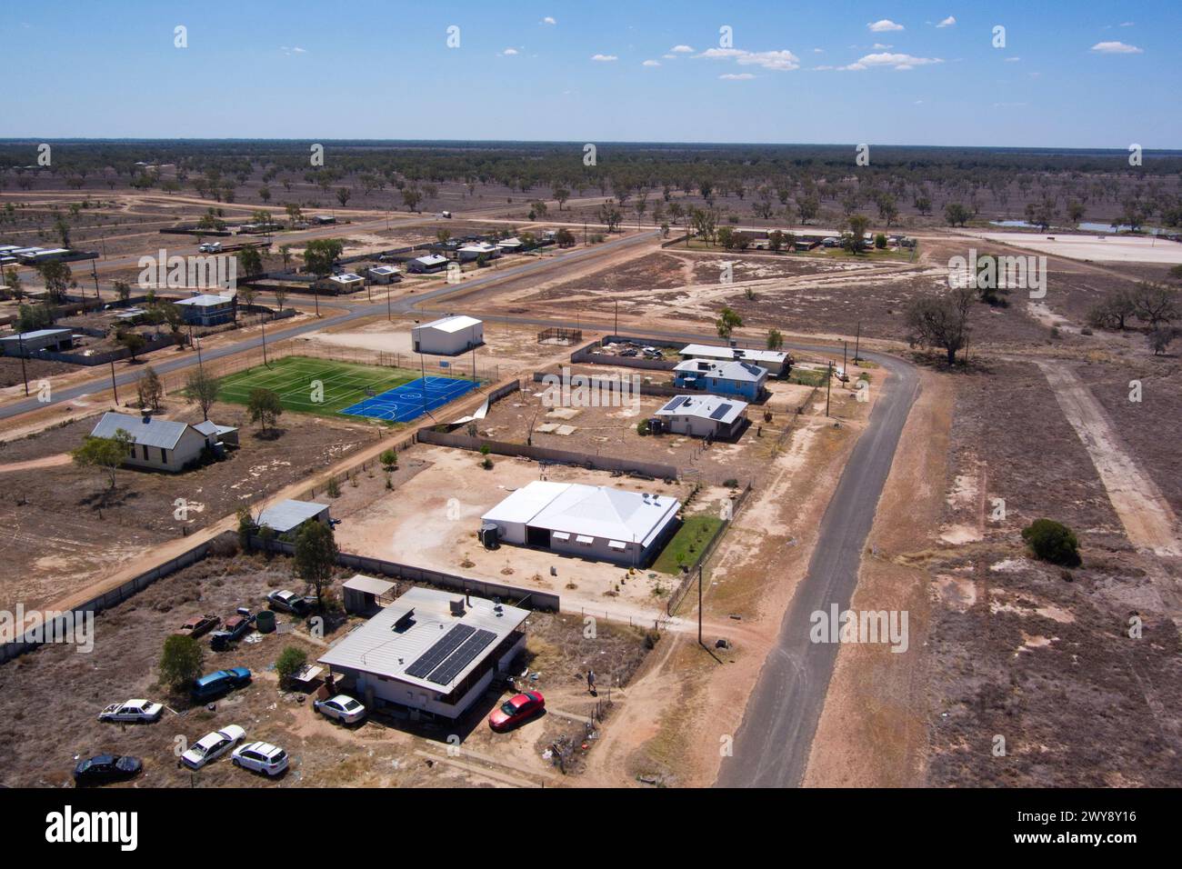 Aerial of the small remote town community of Goodooga on the eastern ...