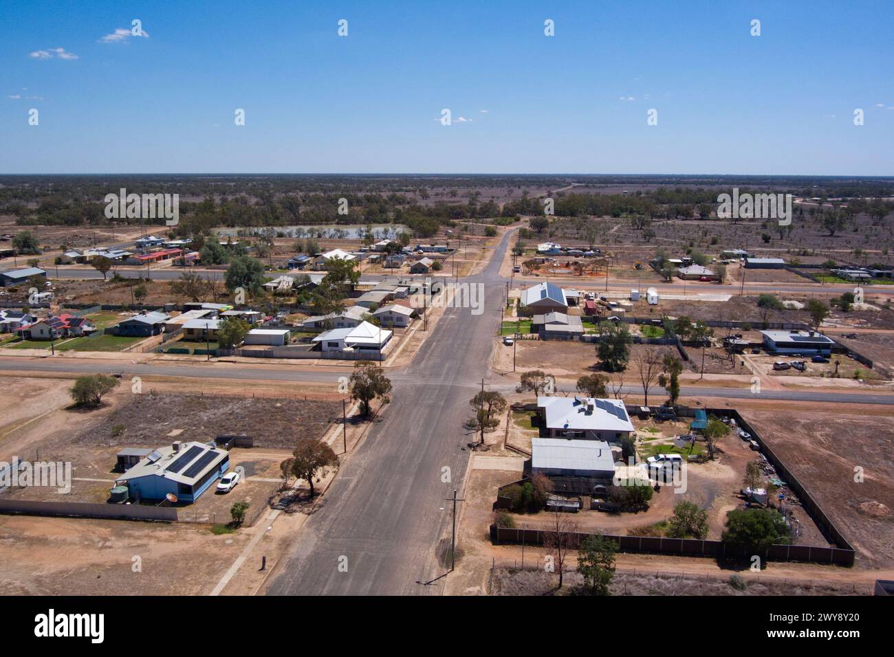 Aerial of the small remote town community of Goodooga on the eastern ...