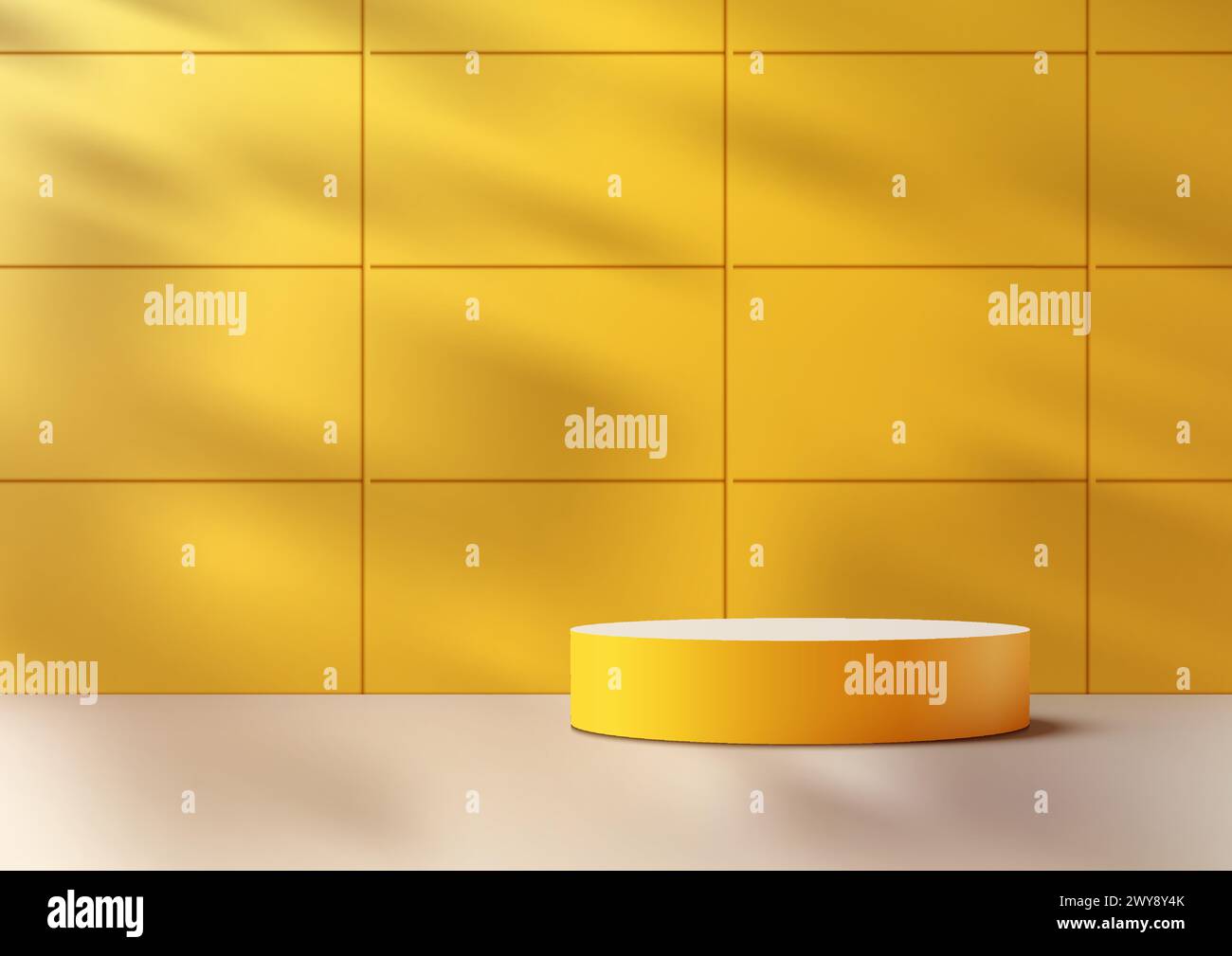 3D yellow cylinder podium on a white surface in front of a yellow tiled ...