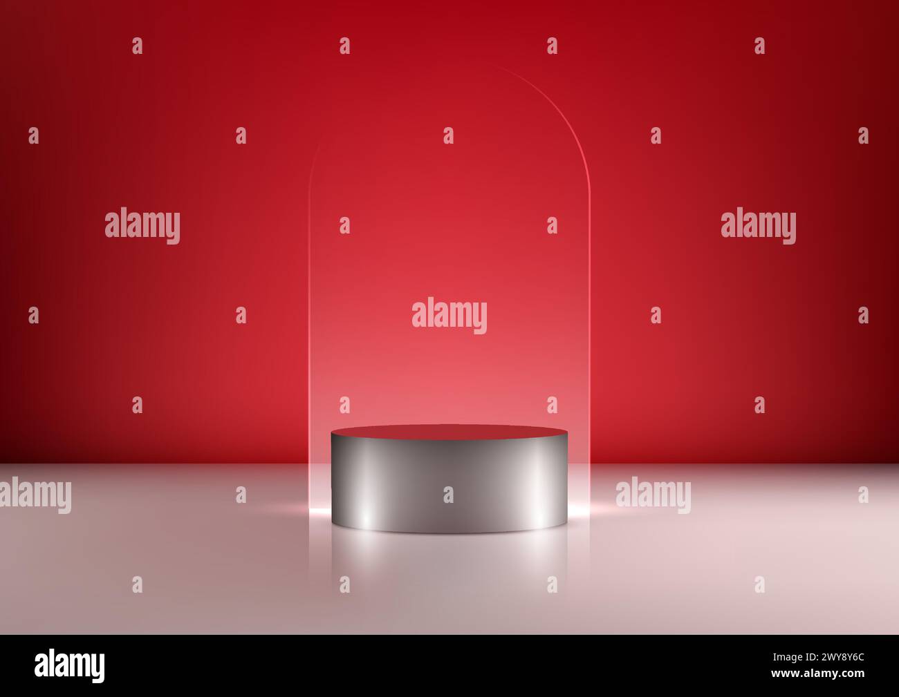 3D realistic silver metallic podium with glass transparent backdrop on ...
