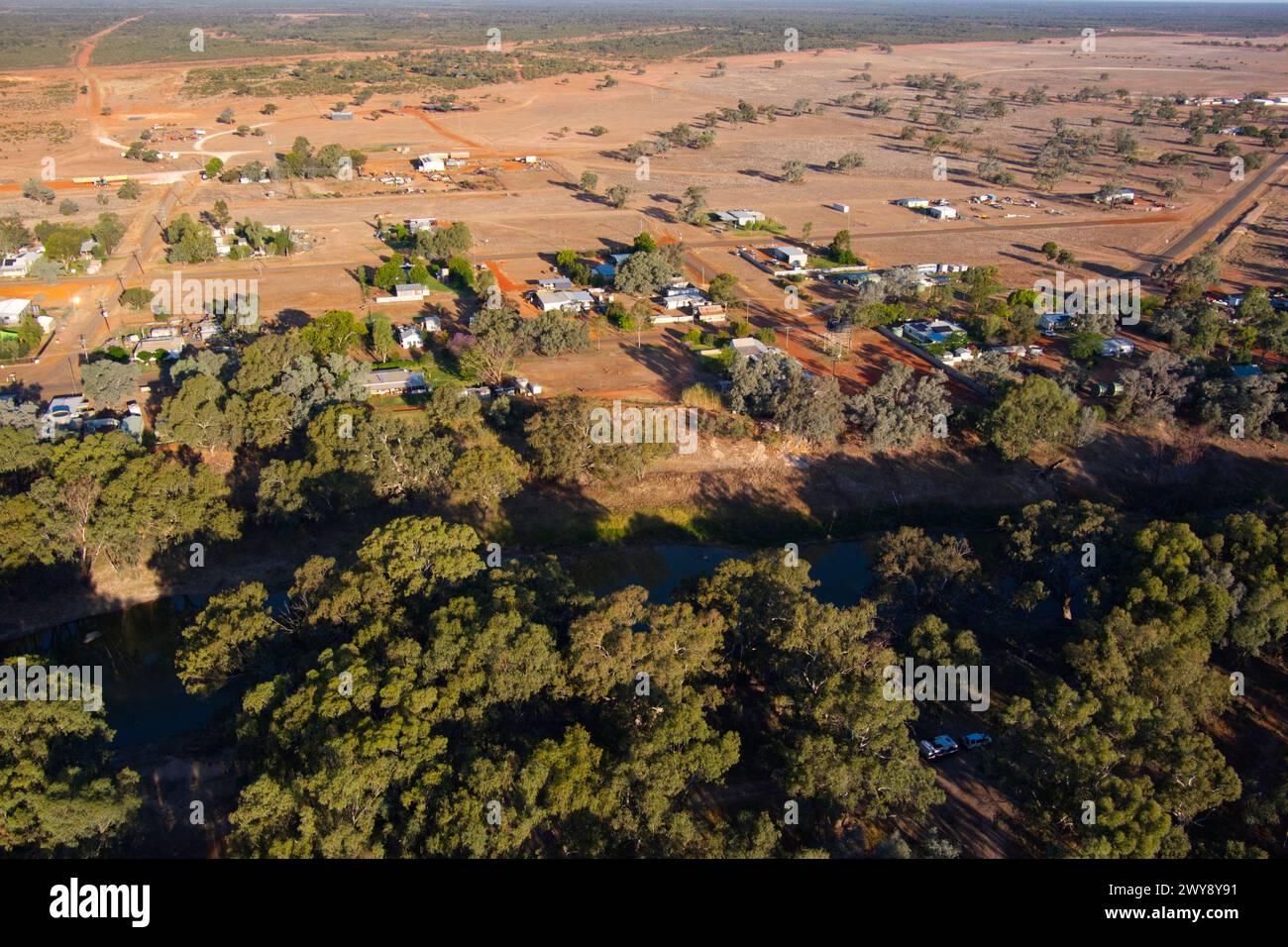 Aerial of the historic small riverside village of Louth on the banks of the Darling River New ...