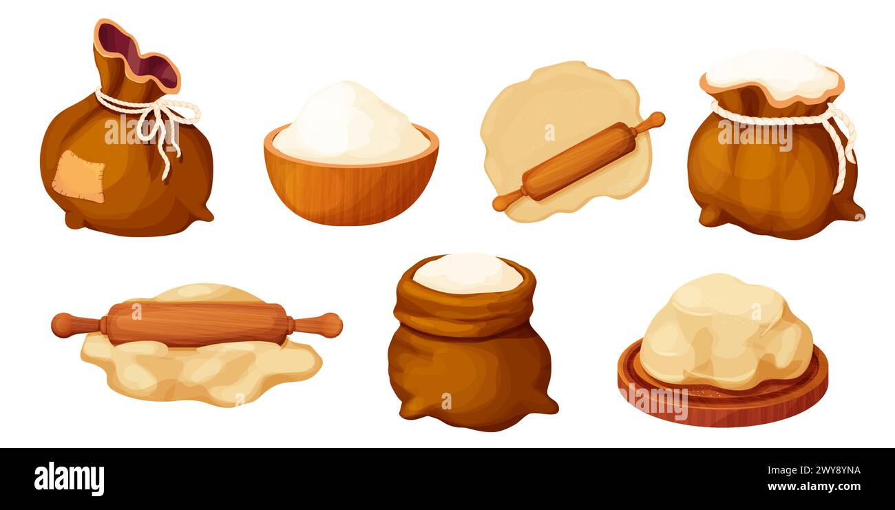 Set sack with flour, wheat powder, open bag with rope, dough with ...