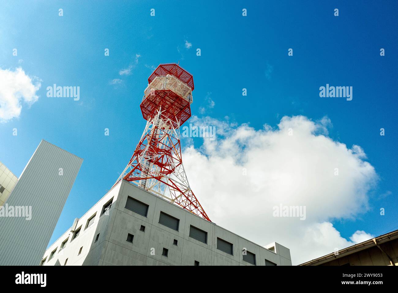 A typical radio antenna tower for television broadcasting in Japan on ...
