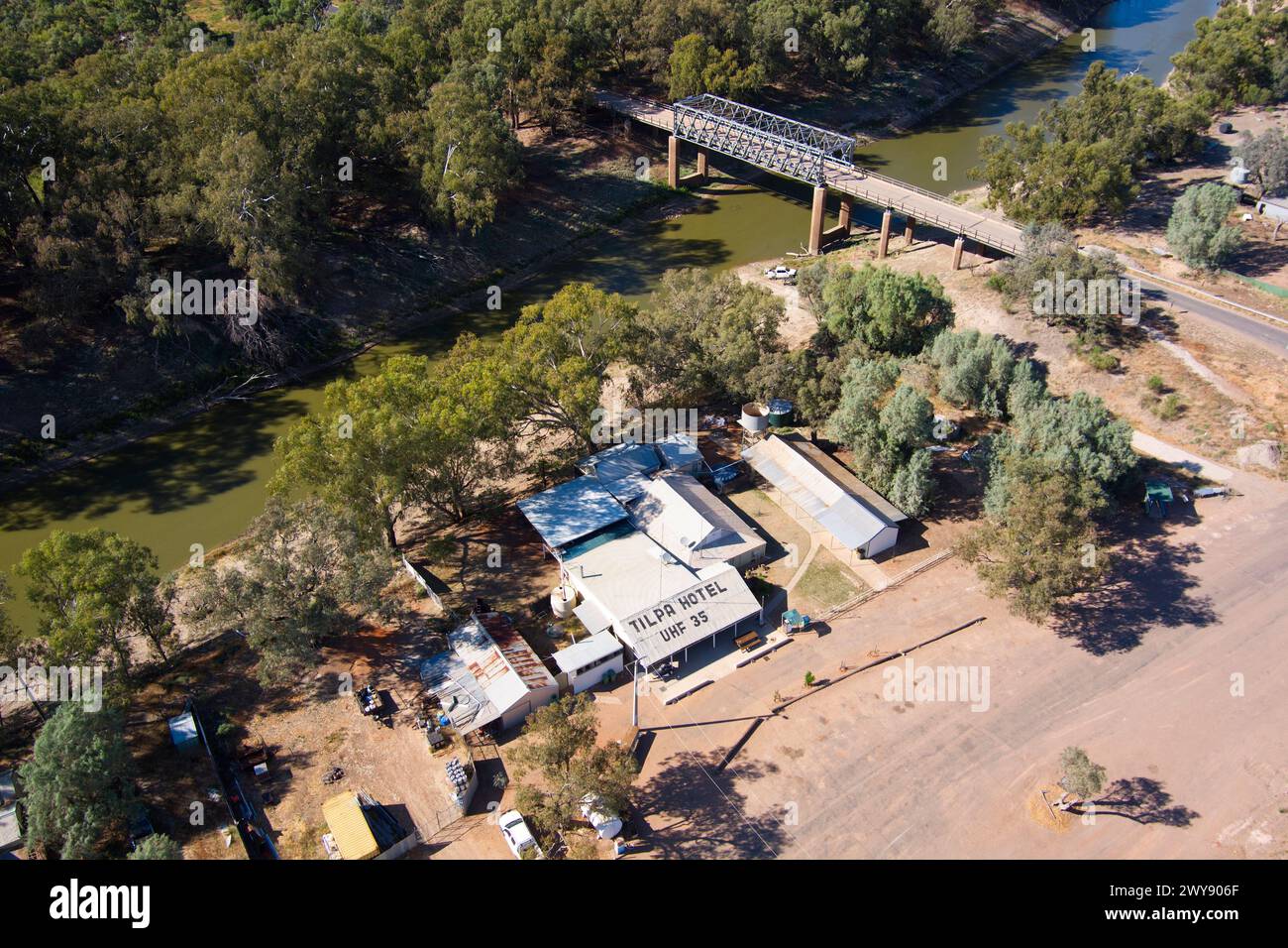 Aerial of the historic Tilpa Hotel in remote riverside village of Tilpa ...