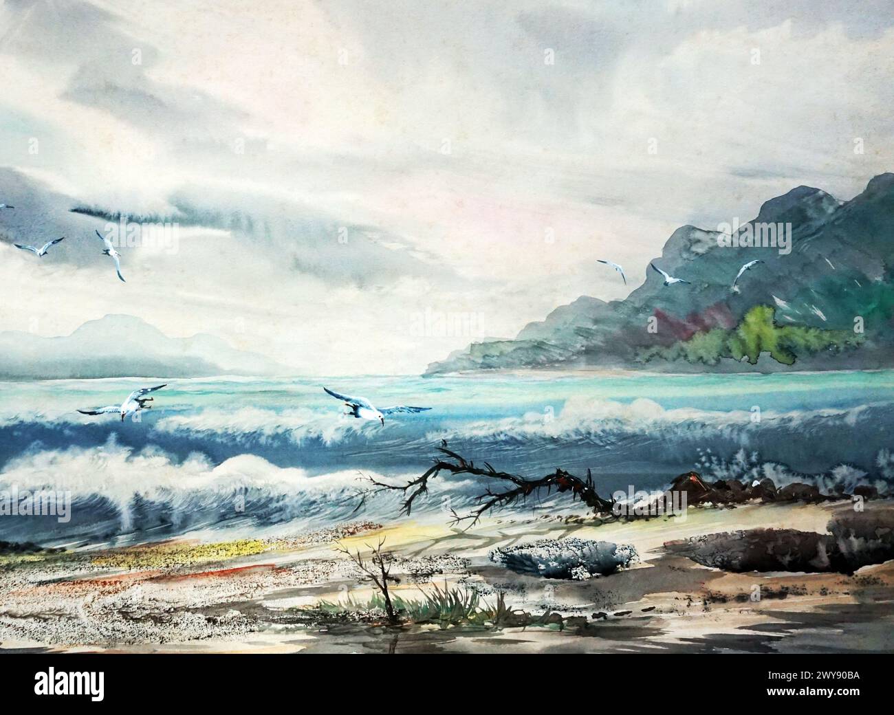 brush stroke Original watercolor painting Beach sea abstract ...