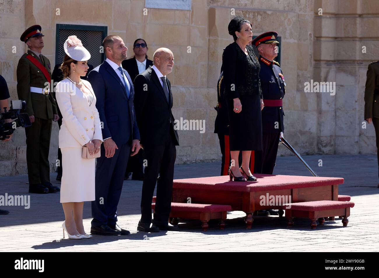 Malta s President-Elect Myriam Spiteri Debono R, stands on a dais with ...