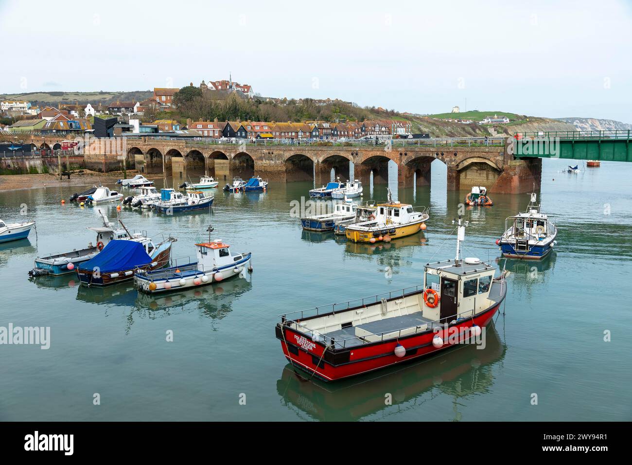 Boats, boat harbour, former railway bridge, Folkestone, Kent, Great ...