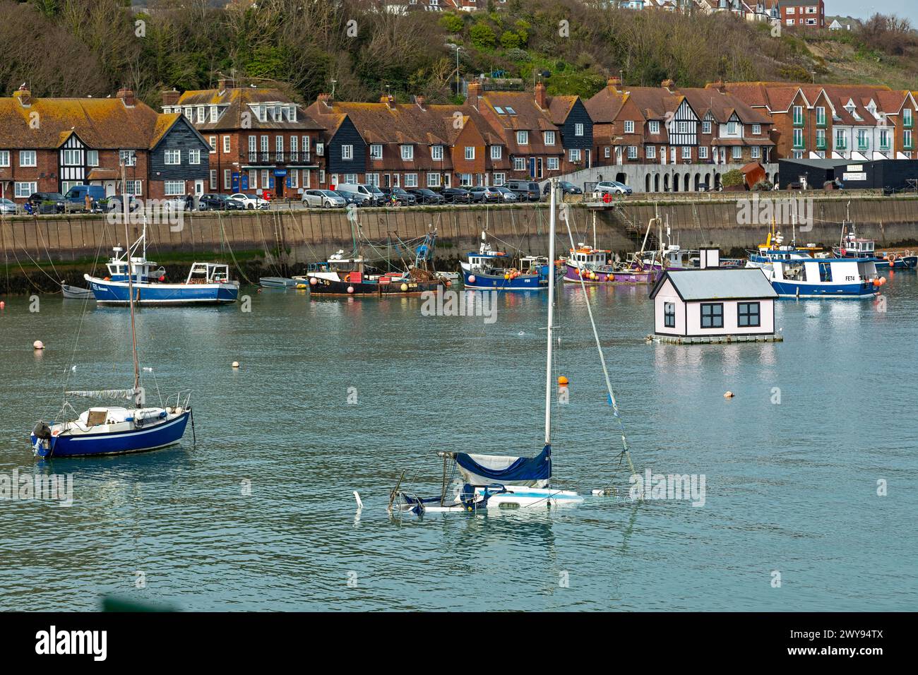Boats, sunken sailing boat, boat harbour, street The Stade, Folkestone ...