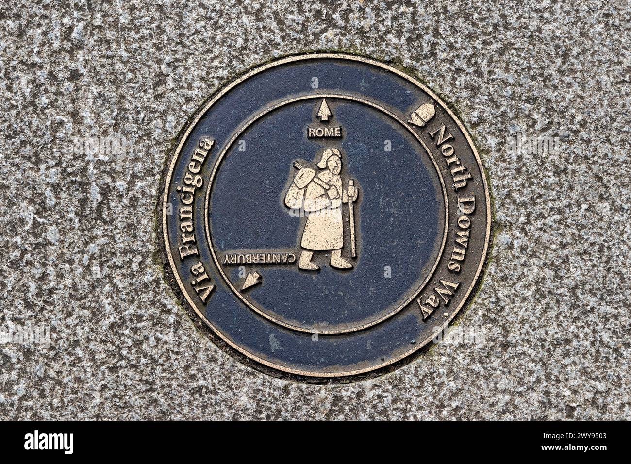 Plaque in the pavement showing the route of the Pilgrims' Way from ...