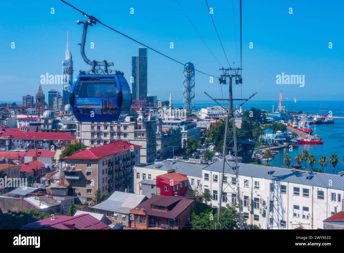 Batumi, Georgia, August 31, 2023: Argo cable car riding to downtown ...