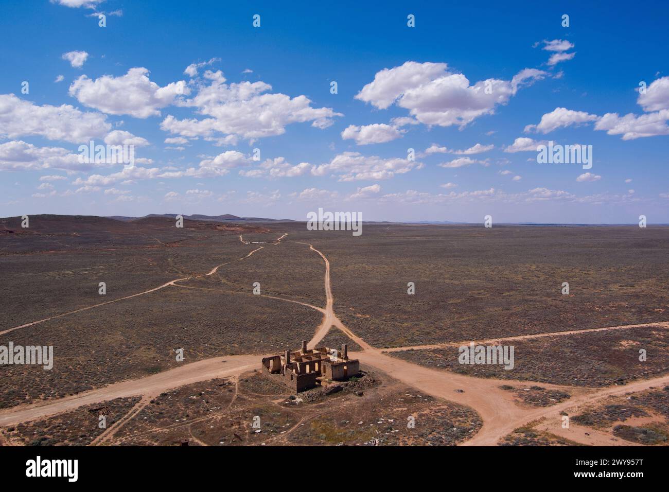 Aerial of the ruins of the Waukaringa gold fields Hotel South Australia ...