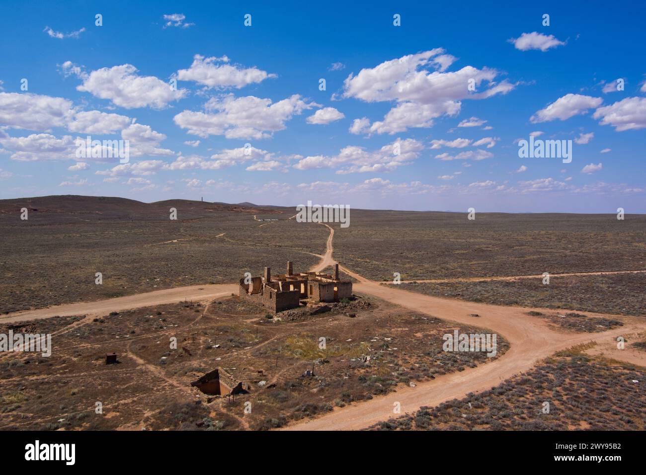 Aerial of the ruins of the Waukaringa gold fields Hotel near Yunta ...
