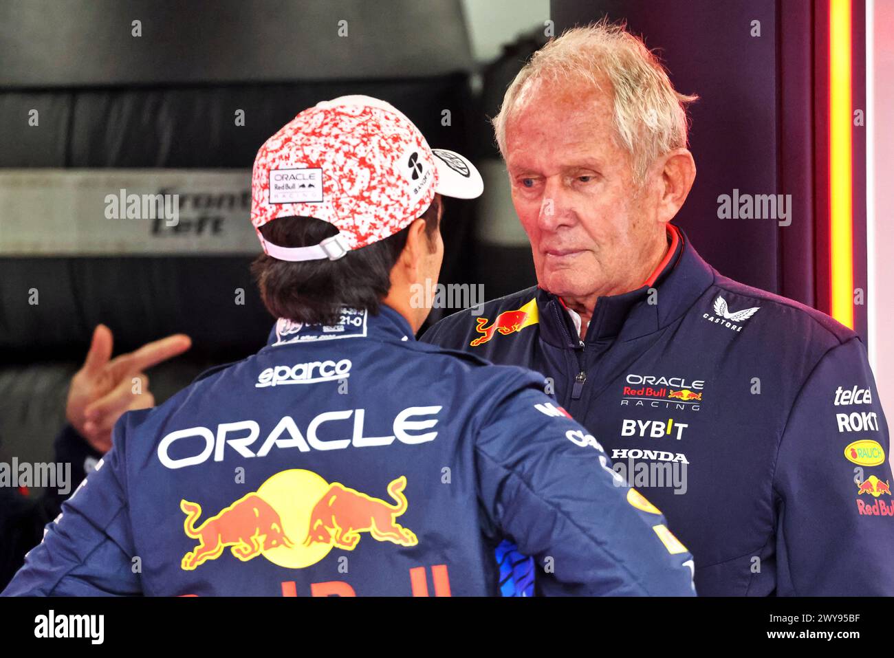 Suzuka, Japan. 05th Apr, 2024. Sergio Perez (MEX) Red Bull Racing with Dr Helmut Marko (AUT) Red ...