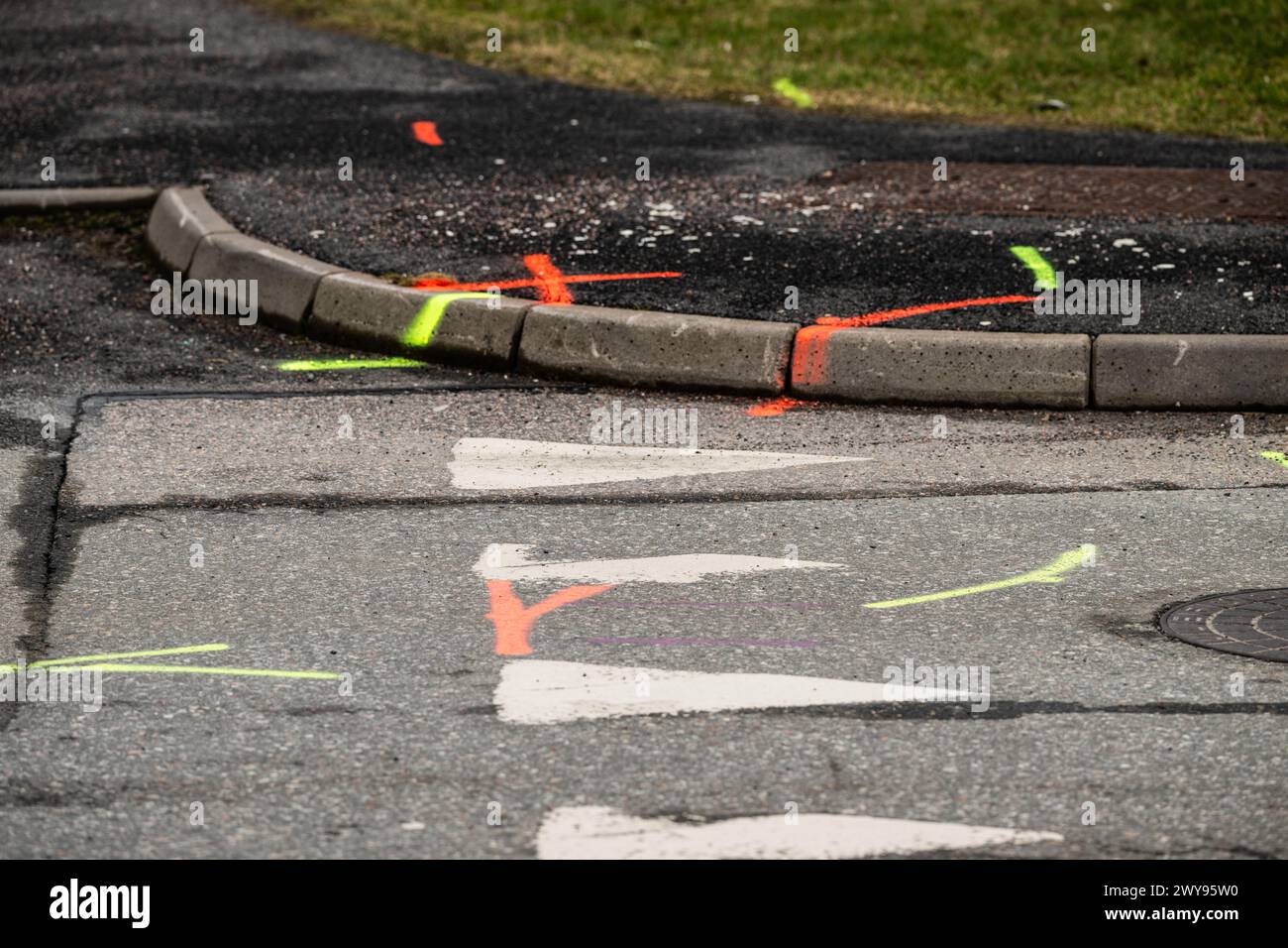 Paint markings on a road before road works Stock Photo - Alamy