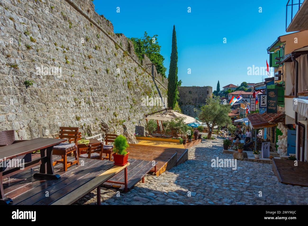 Stari Bar, Montenegro, July 6, 2023: Tourist street in front of the ...