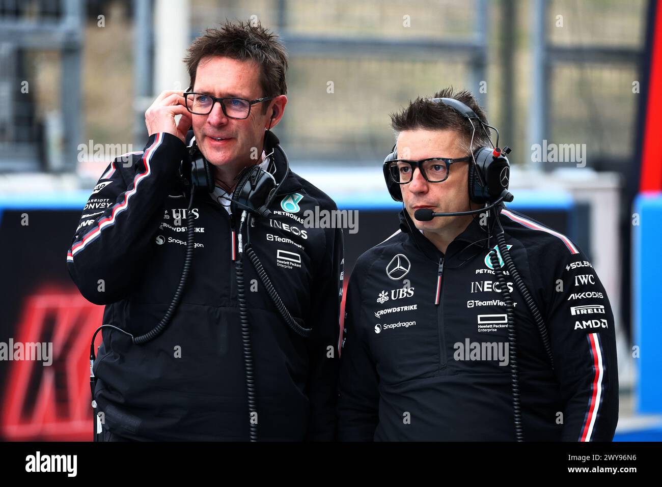 Suzuka, Japan. 05th Apr, 2024. (L to R): Andrew Shovlin (GBR) Mercedes ...