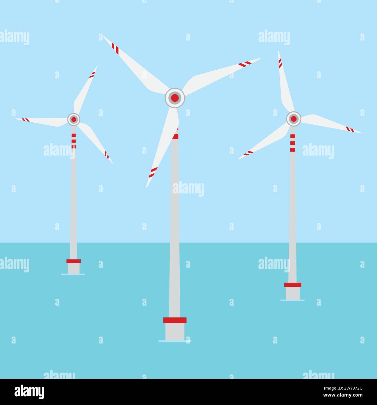 Offshore wind farm, vector illustration of windmill park at sea ...