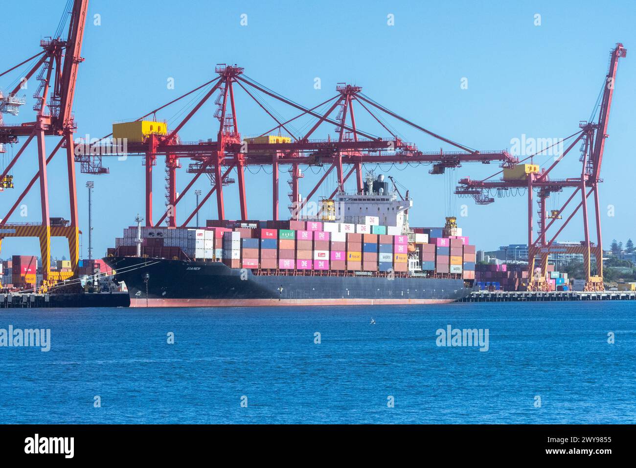 Cargo ship loaded with containers in the port of Fremantle, Western ...