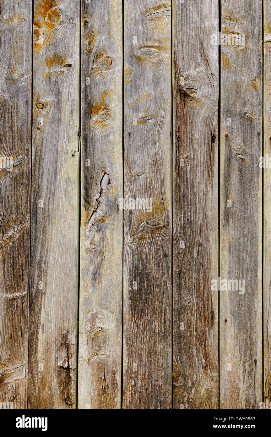 Vertical wooden planks with weathered textures and patterns show the ...