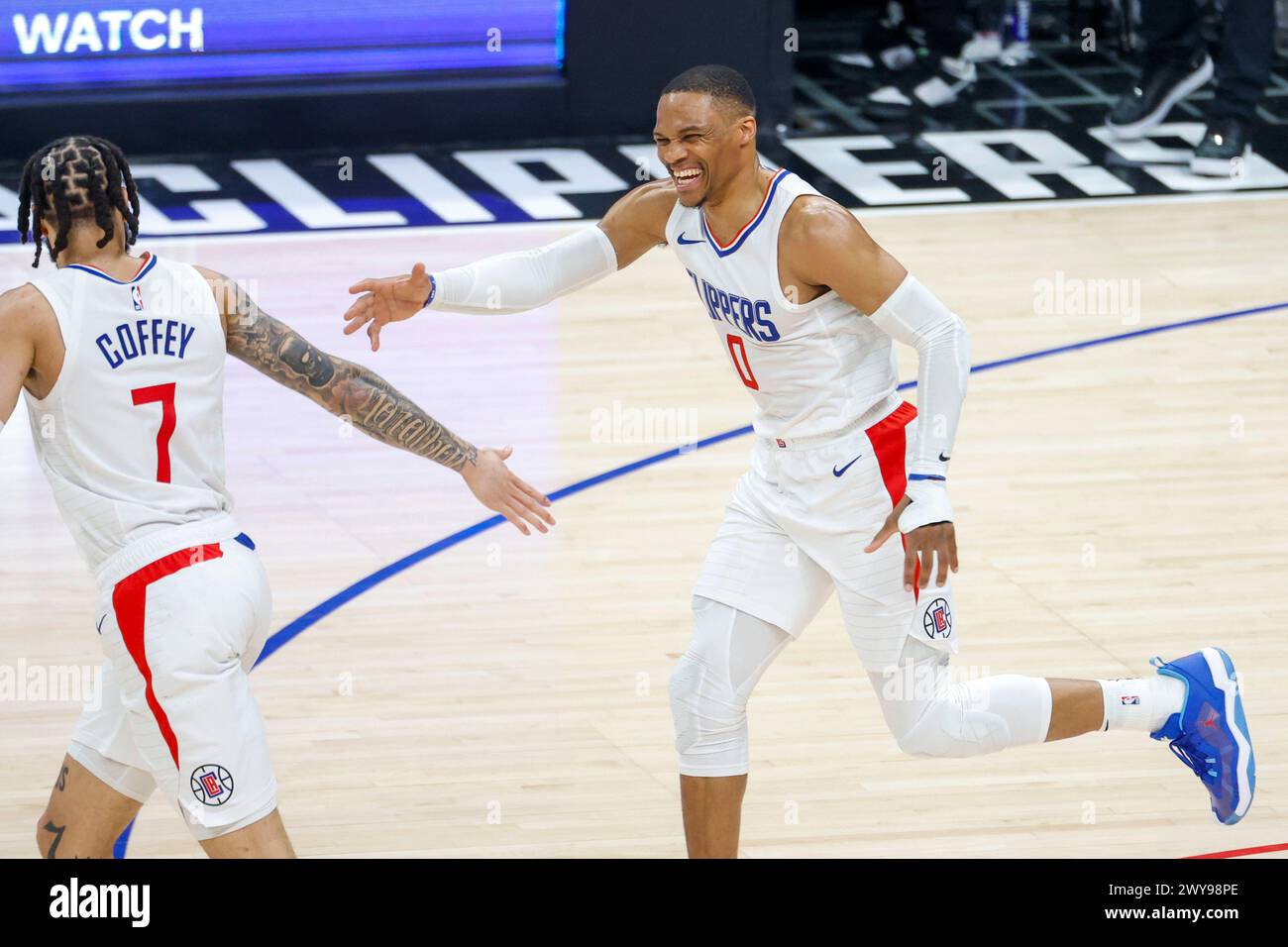 Los Angeles, USA. 4th Apr, 2024. Russell Westbrook (R) and Amir Coffey ...