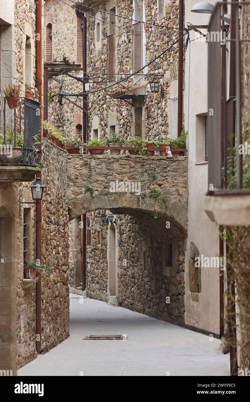 Picturesque medieval stone village of Corsa. Costa Brava. Girona, Spain ...