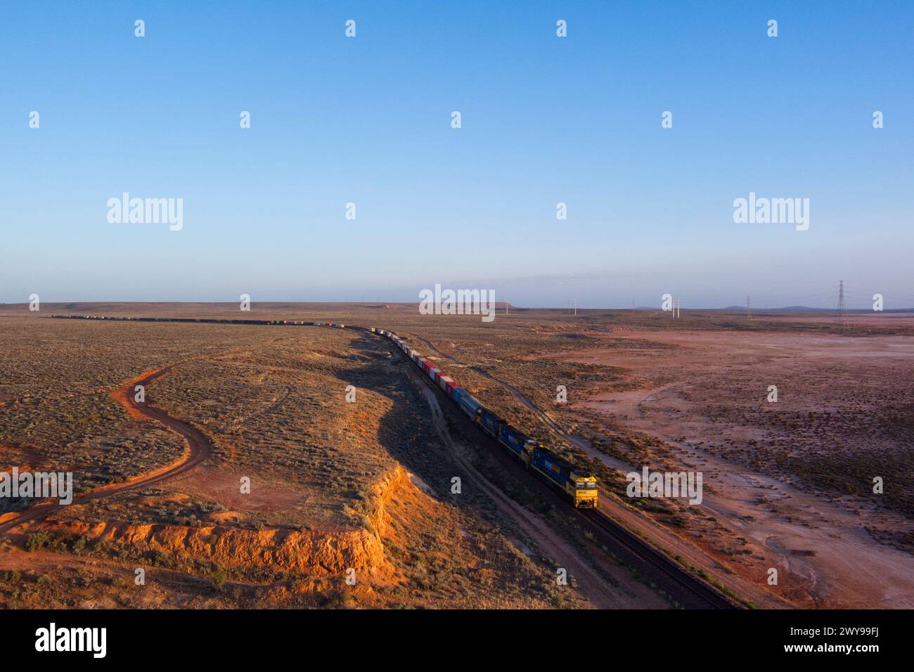 Aerial of freight container module train near Port Augusta South ...
