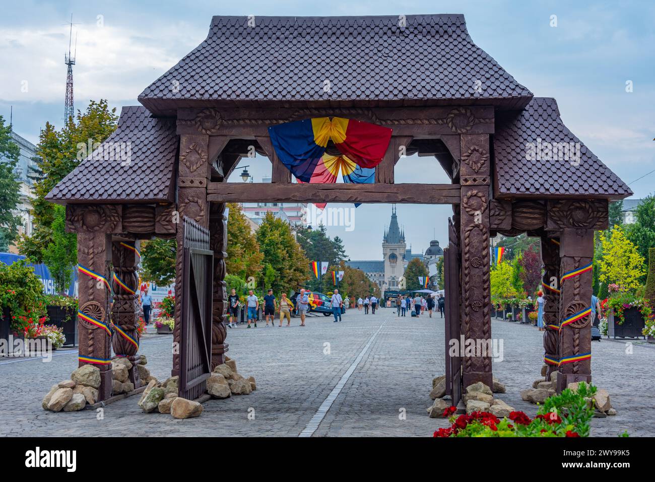 Iasi, Romania, August 23, 2023: Wooden gate at the Bulevardul Stefan ...