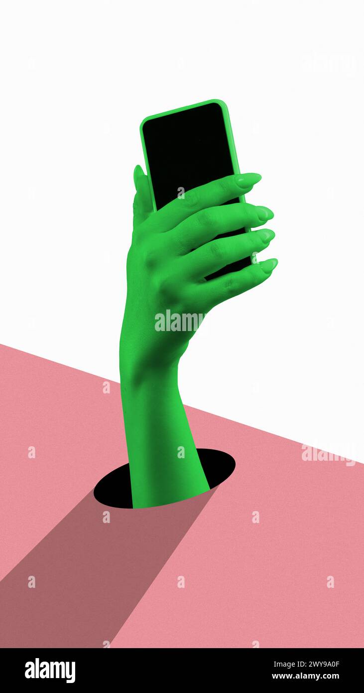 Poster. Contemporary art collage. Green hand peeking out of hole in ...