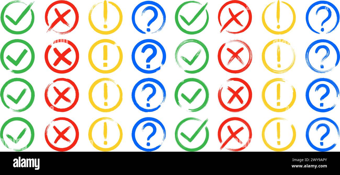 Dirty grunge cross x, tick OK, exclamation and question check marks in ...