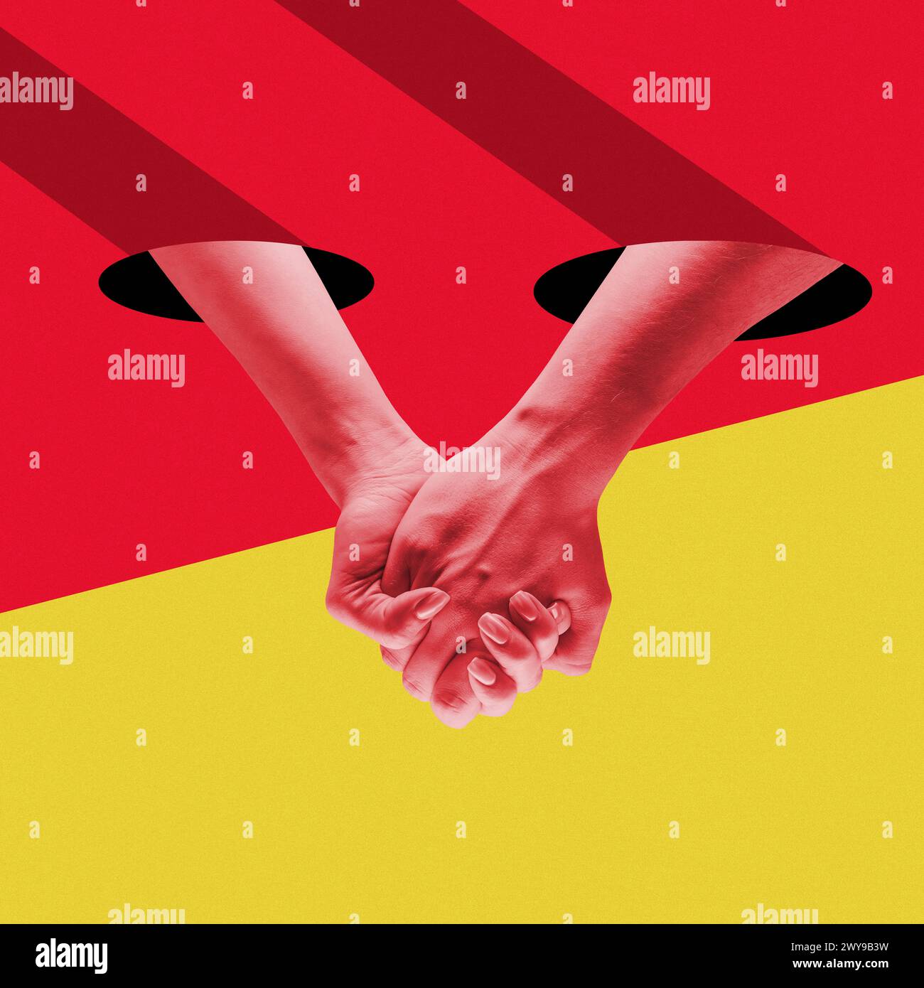 Poster. Contemporary art collage. Two hands clasping each other coming ...