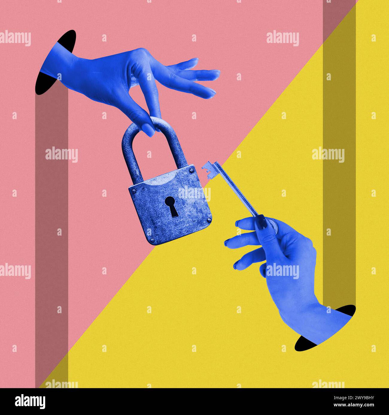 Poster. Contemporary art collage. close-up of two hands in blue filter ...