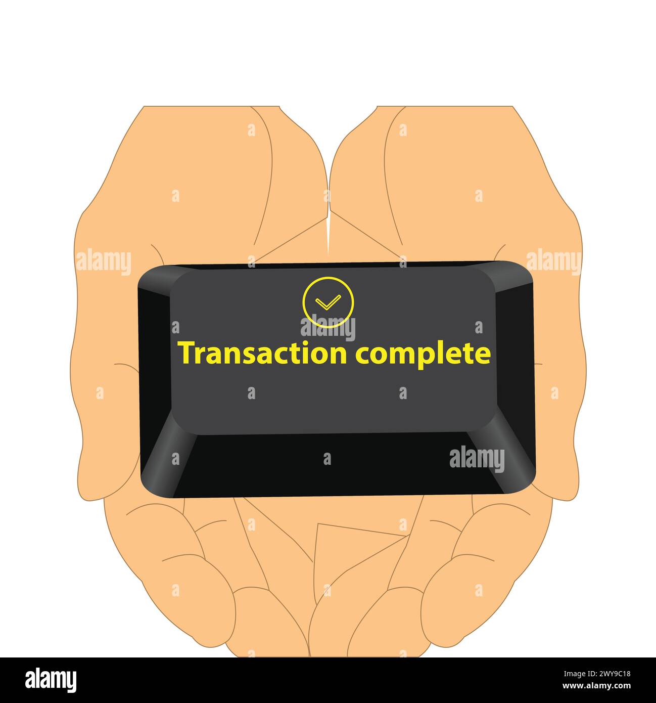 Hands holding a keyboard button with the text transaction complete and ...