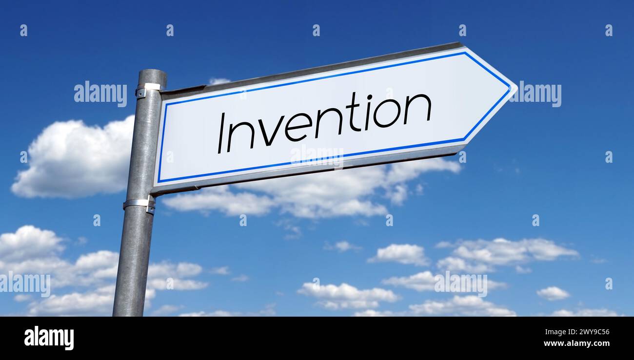 Invention - metal signpost with one arrow Stock Photo - Alamy