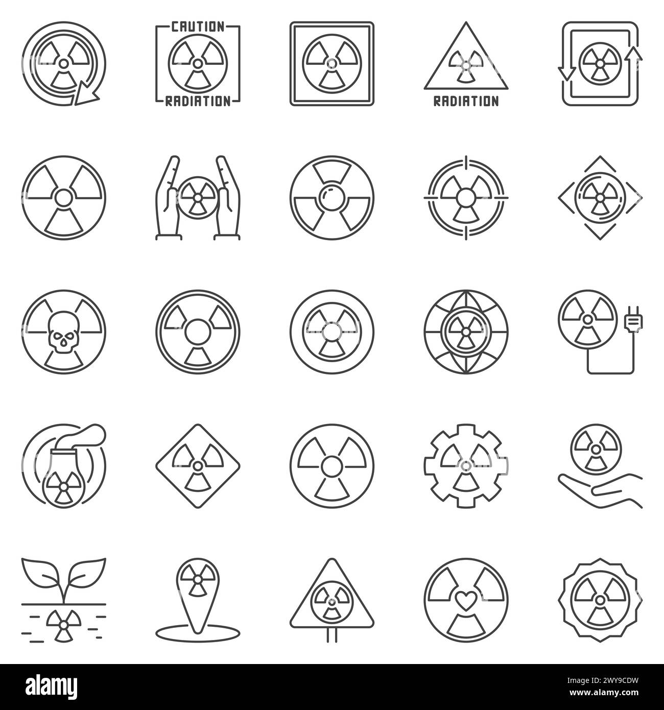 Radiation Warning outline icons set - Radioactive signs and Nuclear Radiation Attention concept ...