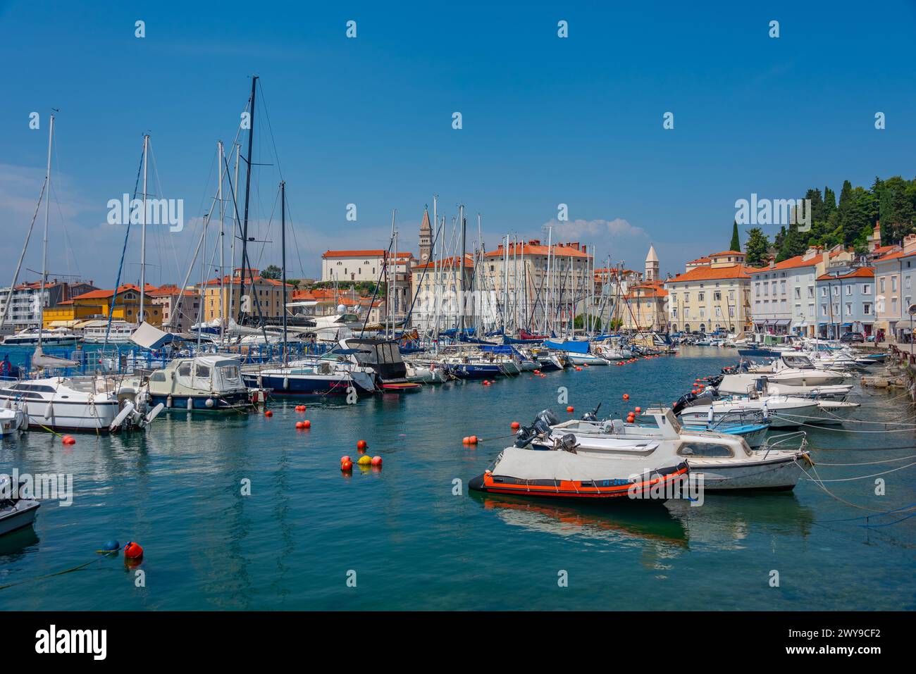 Piran, Slovenia, 23 June 2023: Boats mooring in the historical part of ...