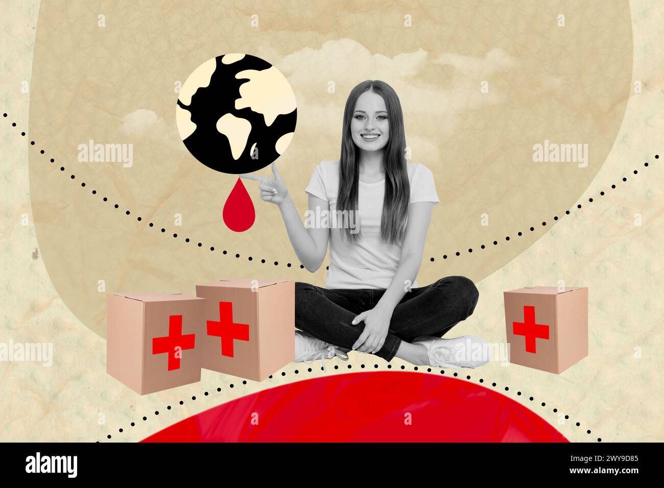 Creative picture collage sitting young girl showing finger blood drop ...