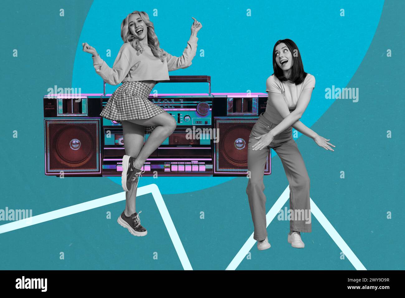 Creative photo picture collage dancing young energetic girls audio ...