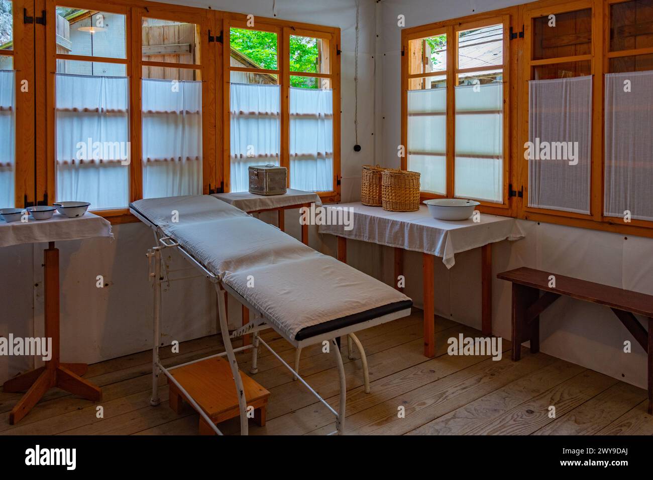 Cerkno, Slovenia, 28 June 2023: Interior of a wooden shed at The Franja ...