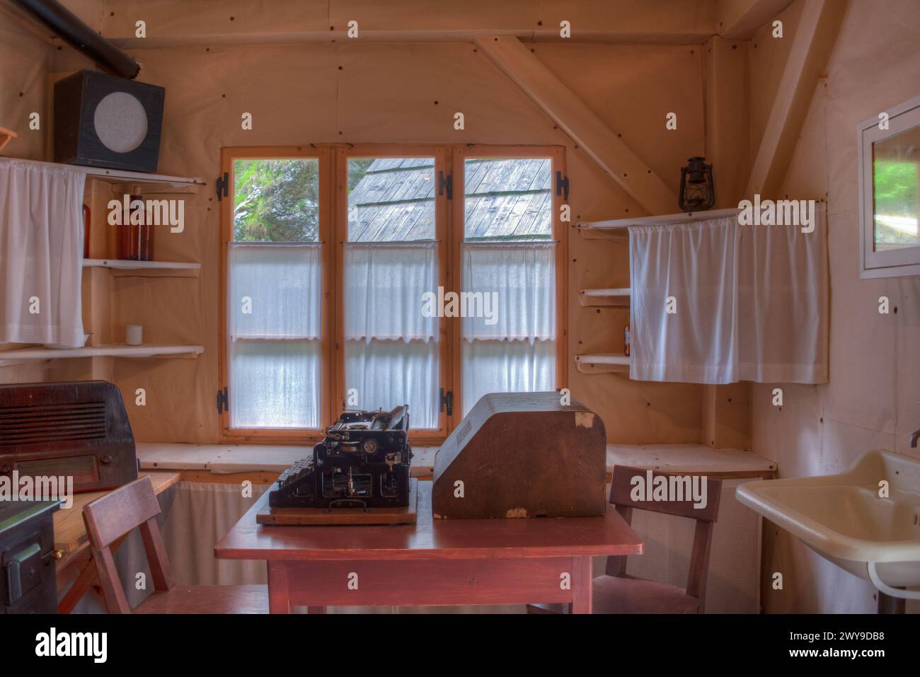 Cerkno, Slovenia, 28 June 2023: Interior of a wooden shed at The Franja ...