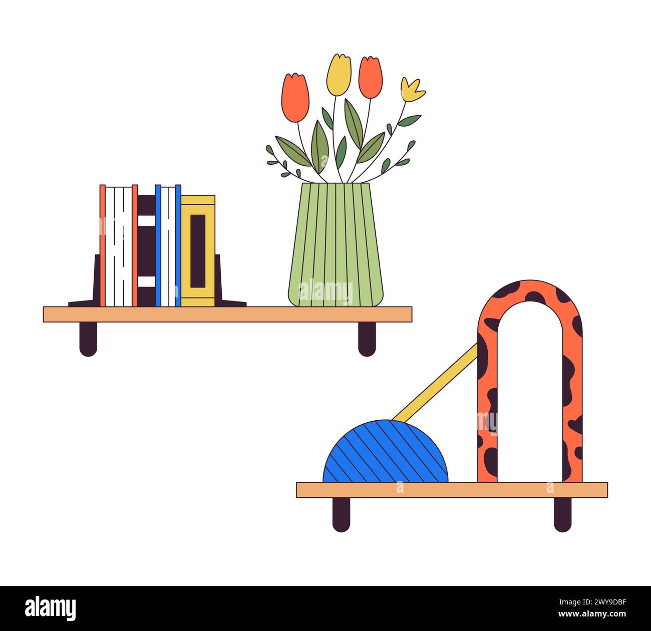 Books and decorative accessories on shelves 2D linear cartoon objects ...