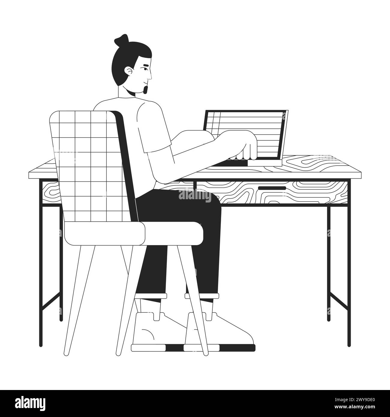 Man working on laptop black and white 2D line cartoon character Stock ...