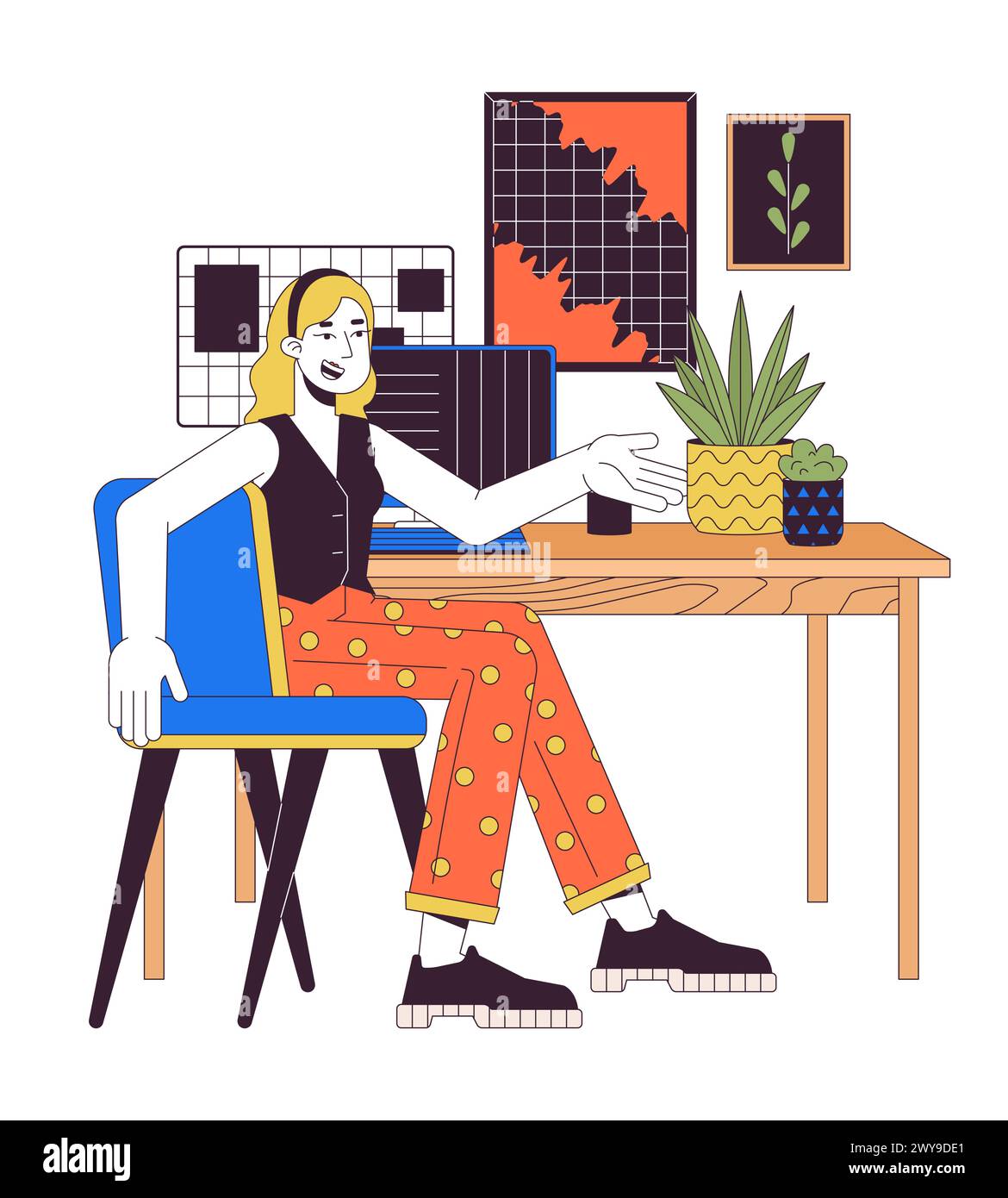 Positive woman talking at office workplace 2D linear cartoon character ...