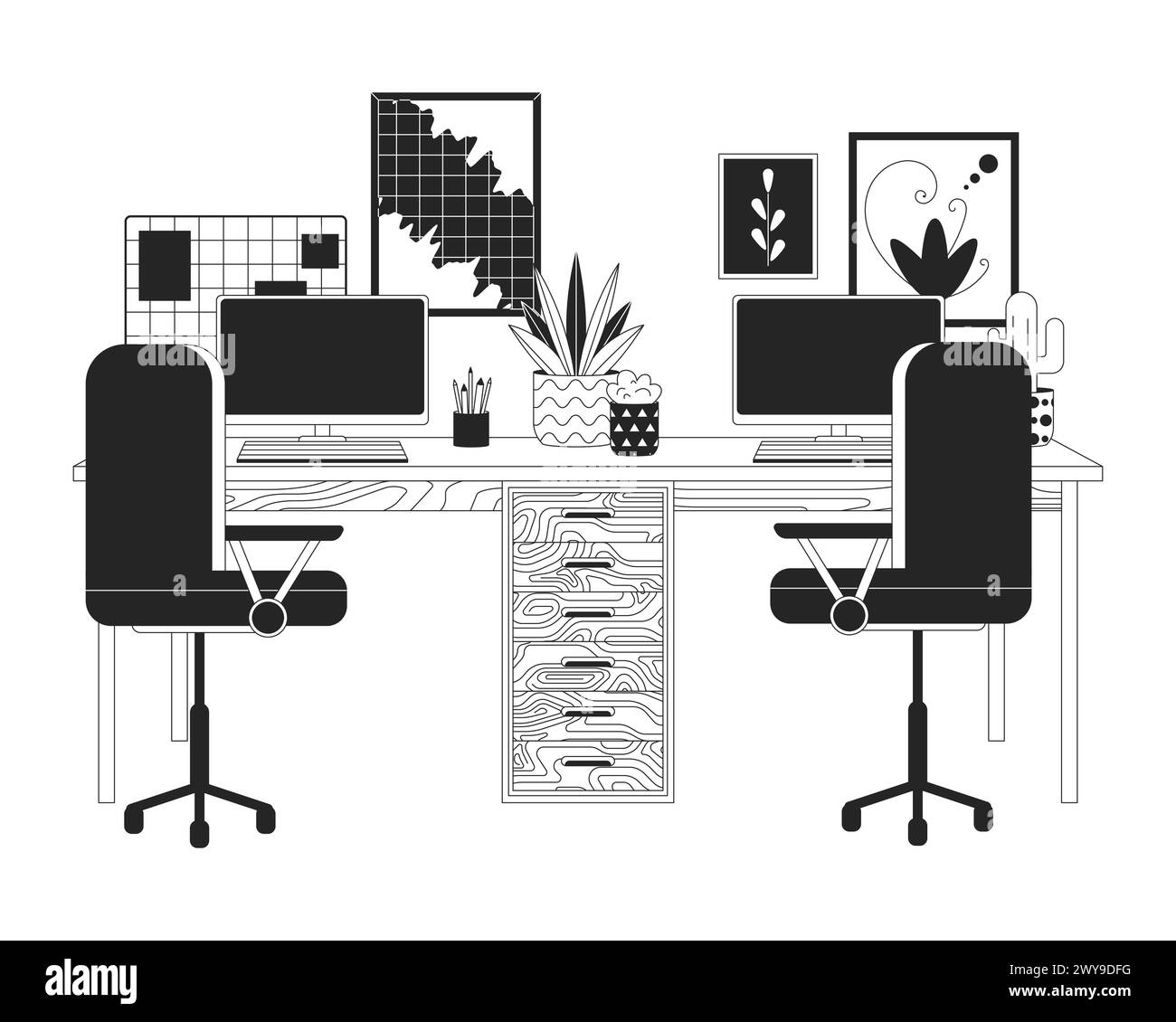 Double workplace with computers 2D linear cartoon objects Stock Vector ...